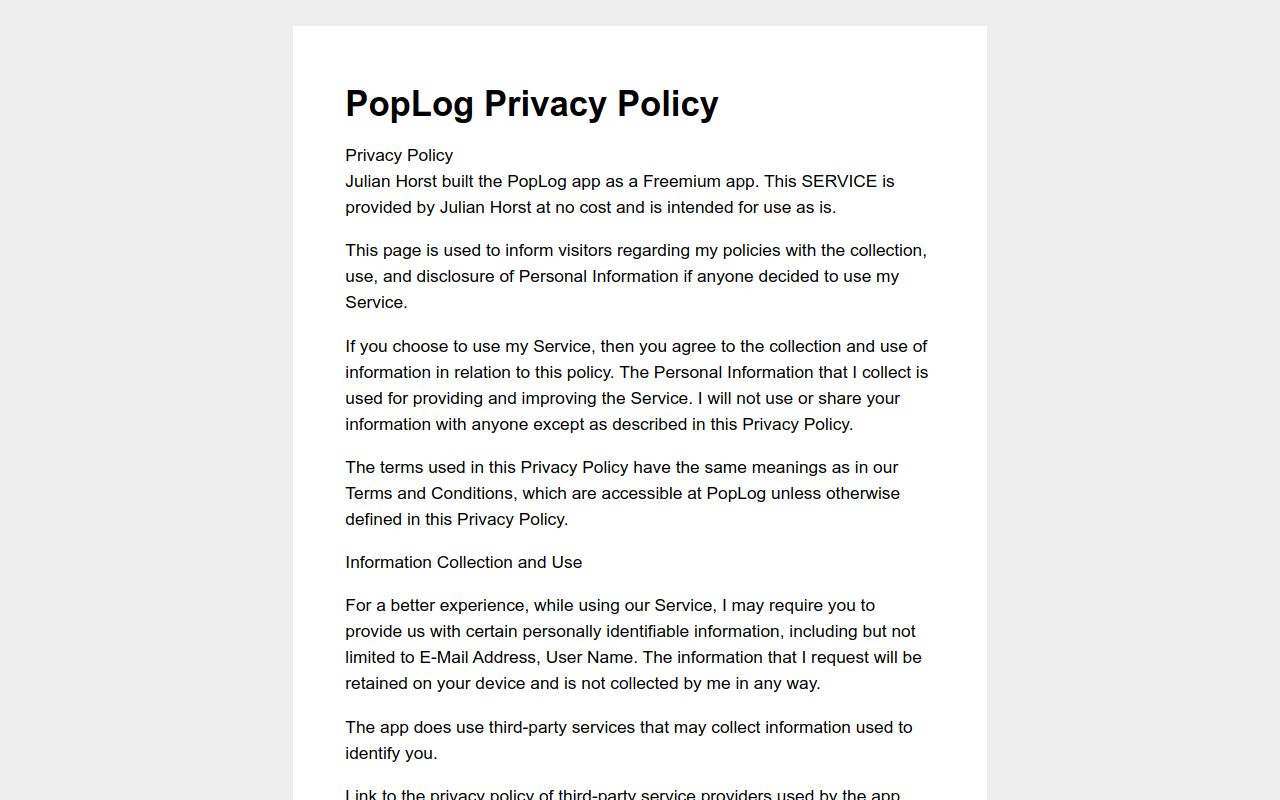 PopLog Privacy Policy